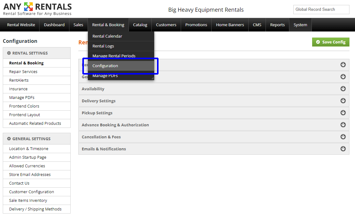 Admin Configuration Options - Any Rentals