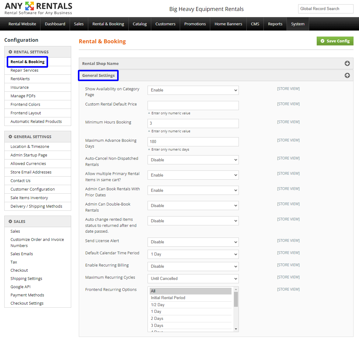 Admin Configuration Options - Any Rentals